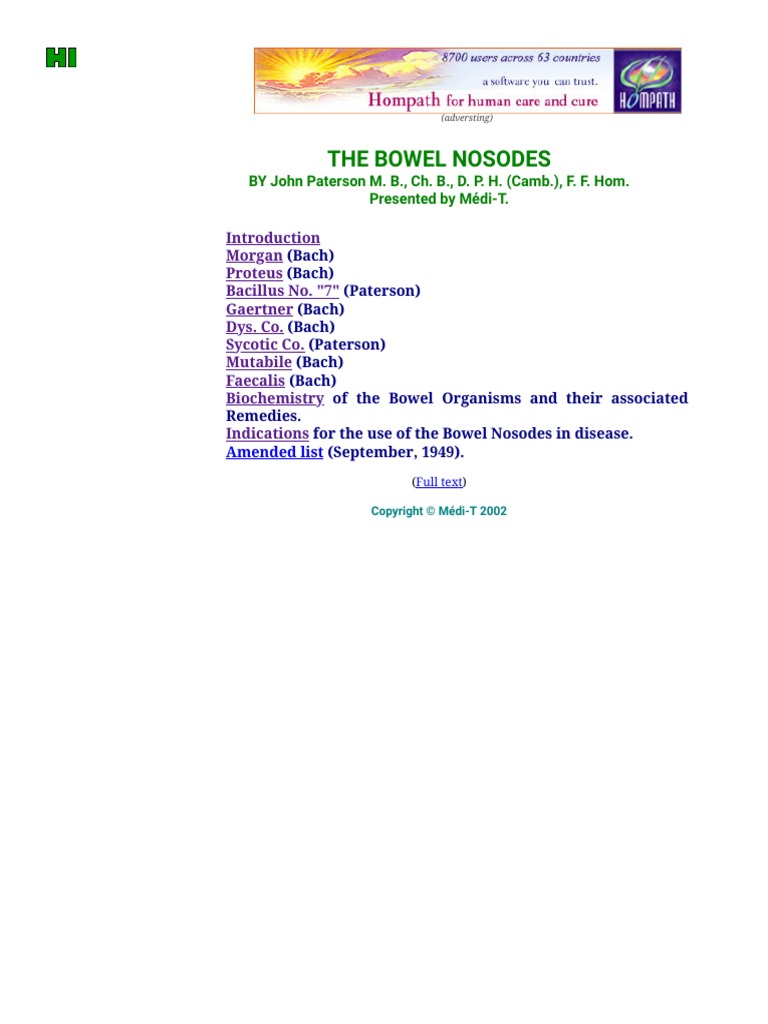 Bowel Nosodes - John Paterson | PDF | Homeopathy | Bacteria