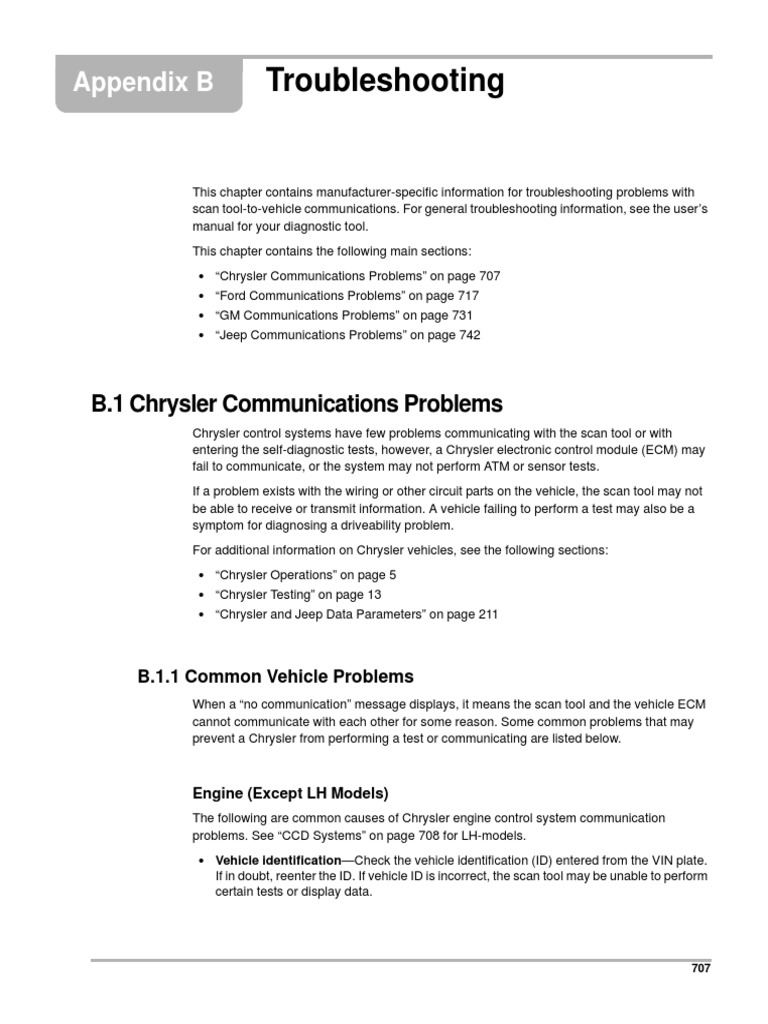 Troubleshooting. Appendix B. B.1 Chrysler Communications Problems. B.1.1 Common Vehicle Problems ...