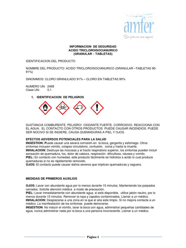 Ficha Tecnica Y Seguridad Cloro Granulado 90 Cloro Tableta 91 Pdf