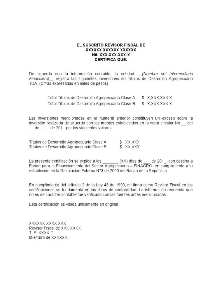 Carta Modelo Certificacion de Revisor Fiscal | PDF