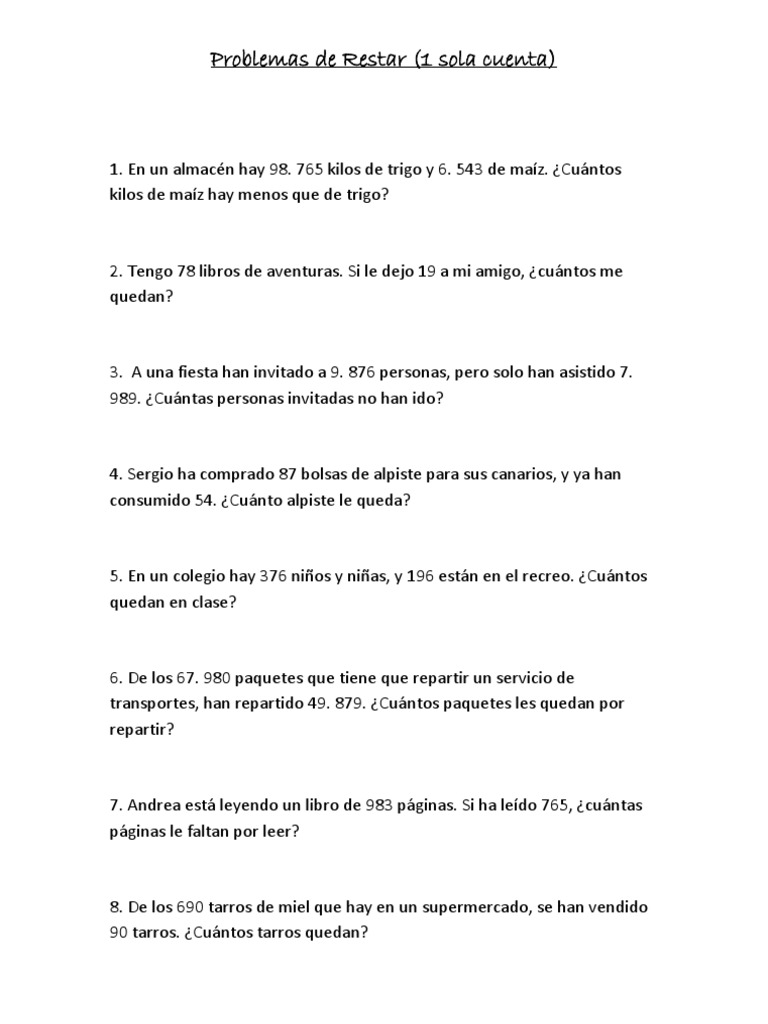 20 Problemas de Resta para Niños | PDF | Hogar, jardinería y bricolaje