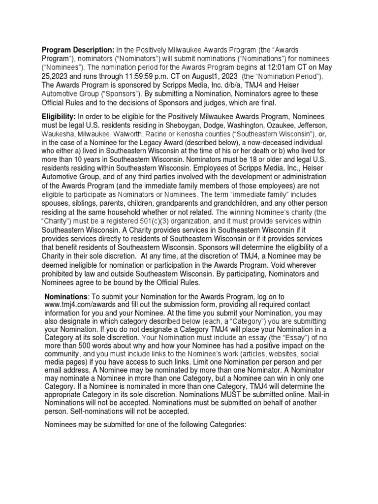 Positively Milwaukee Awards Rules 2023 Download Free PDF Justice