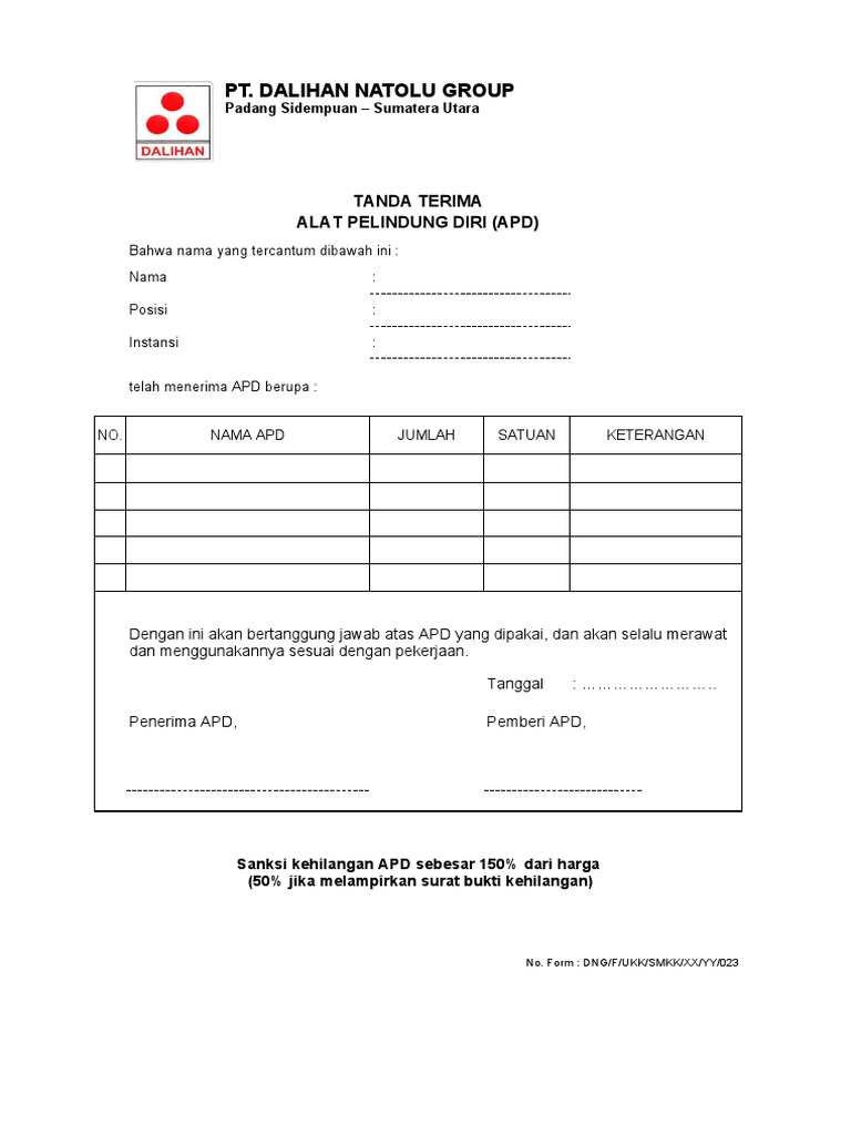 D.2 Form Tanda Terima APD (C0NTOH) | PDF