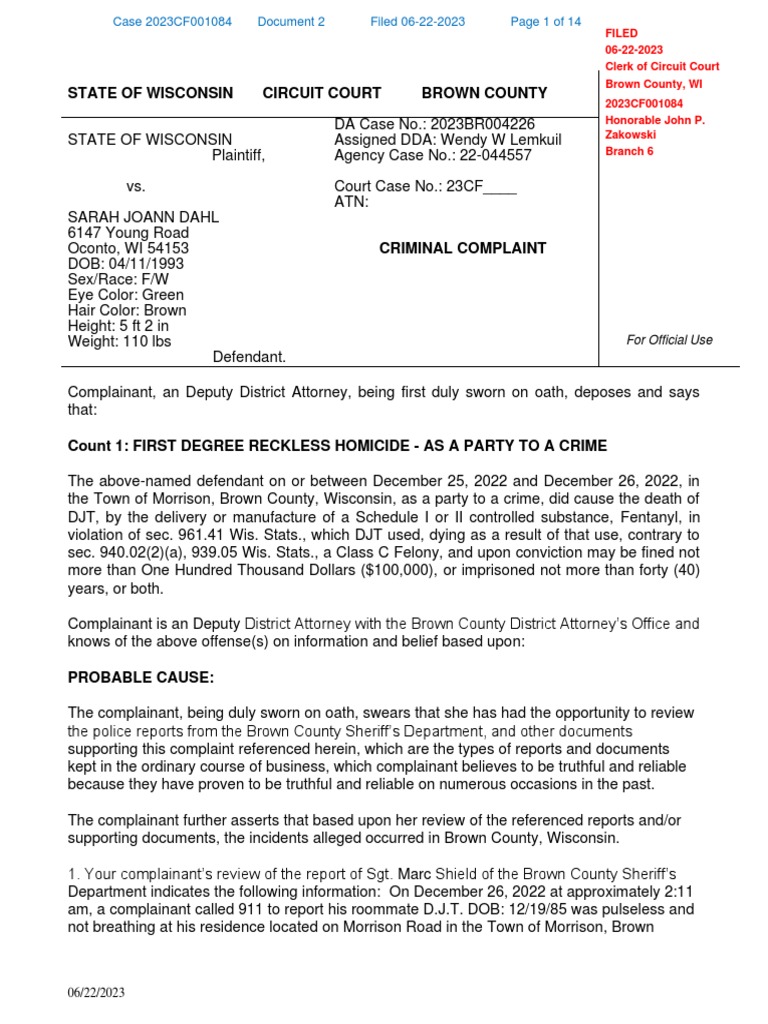 Sarah Dahl | PDF | Wisconsin Circuit Courts | Cardiopulmonary Resuscitation