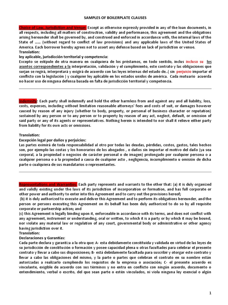 SAMPLES OF BOILERPLATE CLAUSES | PDF