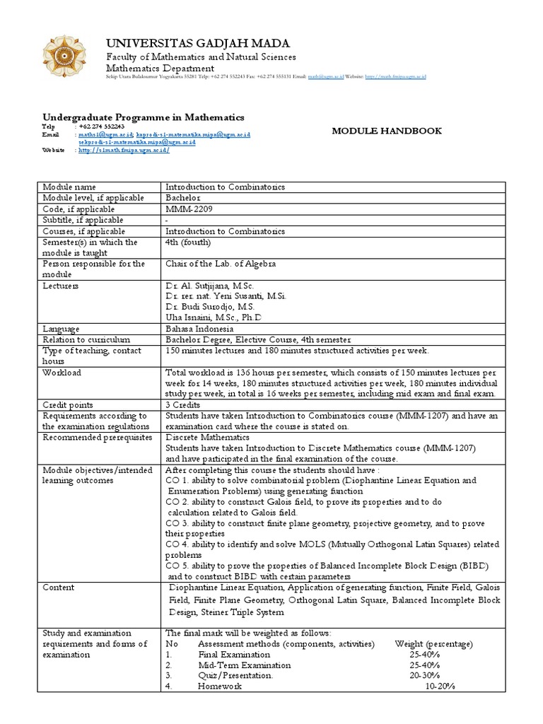 Module Handbook - S1 Introduction To Combinatorics | PDF | Discrete Mathematics | Field ...