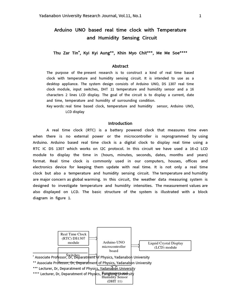 Arduino Uno Based Real Time Clock With Temperature And Humidity Sensing Circuit Pdf Arduino