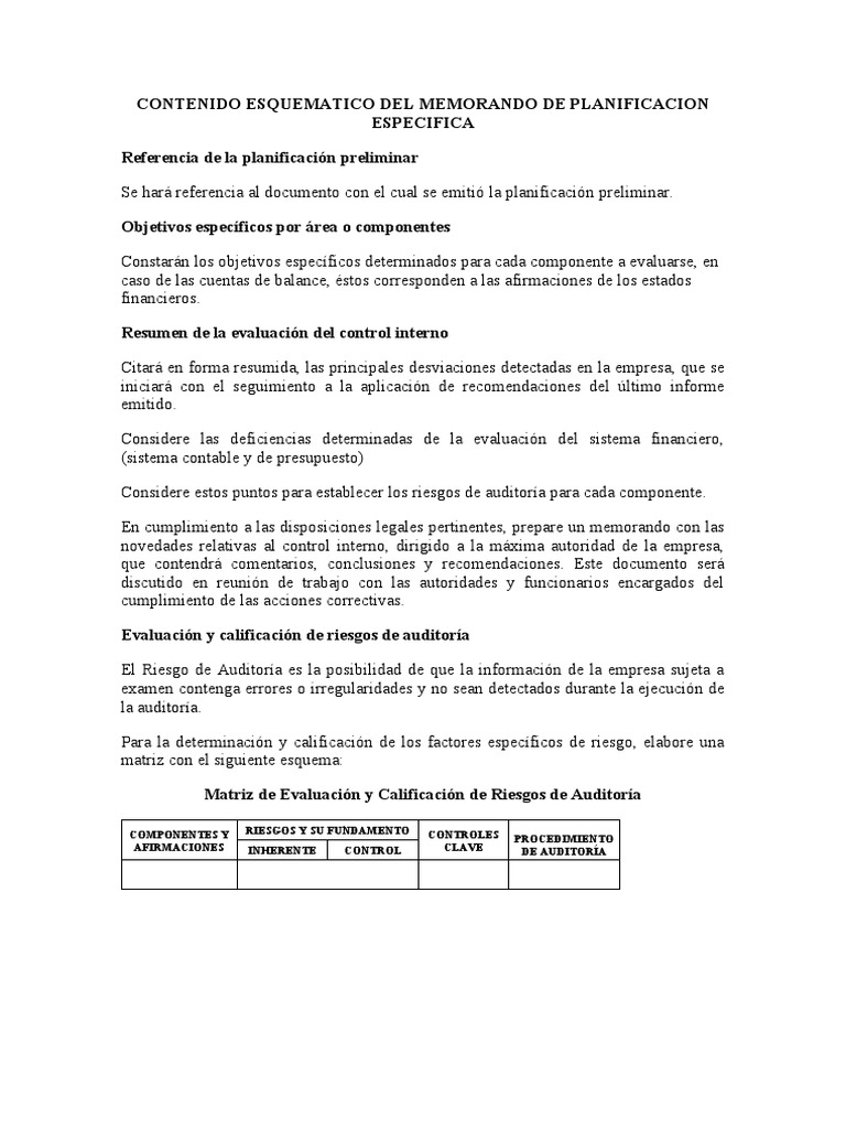 Esquema Memorando Planificación Específica | PDF | Auditoría | Contabilidad