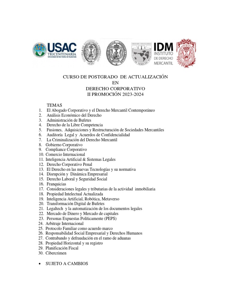 Pensum Postgrado en Derecho Corporativo 2023-2024 II Promoción | PDF