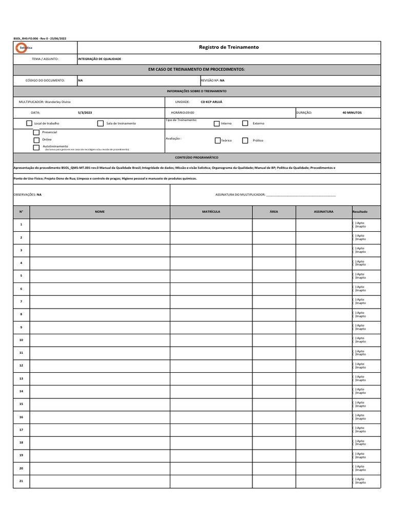 BSOL RHS-FO.006 Registro de Treinamento Rev 0 - Qualidade | PDF