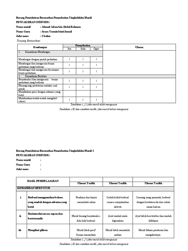 Contoh Borang Pentaksiran Berasaskan Pemerhatian Tingkahlaku Murid | PDF