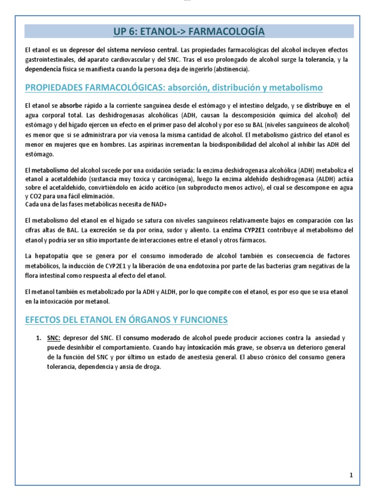 Etanol Farmacología. Resumen Vale | PDF | Etanol | Especialidades Medicas