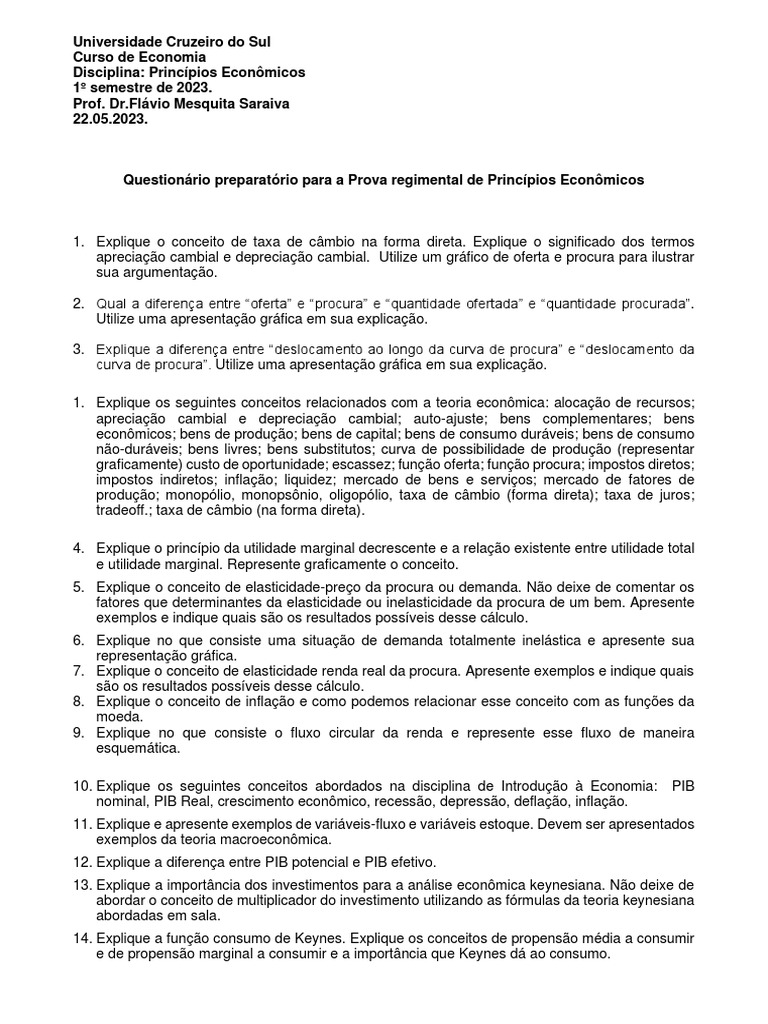 Eco1 Questionario Preparatório 2023 Prova Regimental | PDF | Economia | Demanda