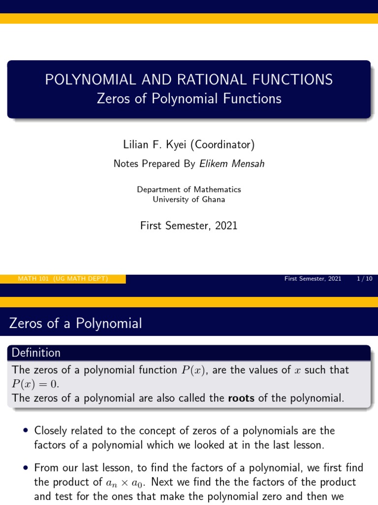 Zero of Polynomial Functions | PDF | Polynomial | Factorization