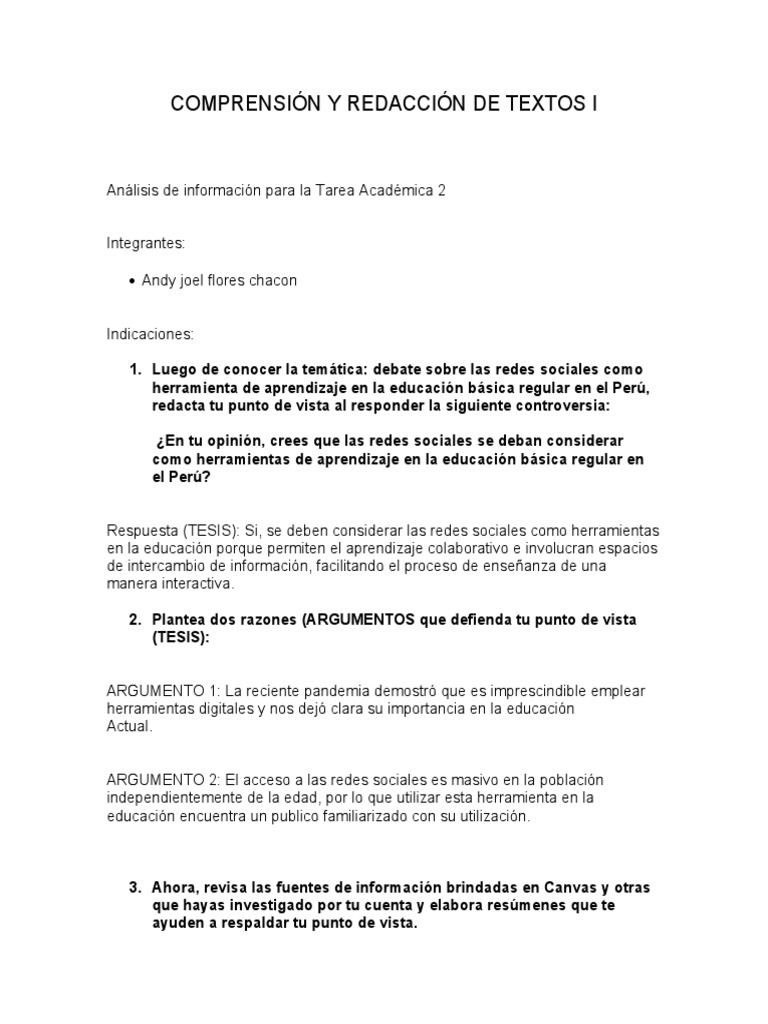 Semana 10 - Tema 01 - Tarea - Redacción Preliminar de Un Texto Argumentativo para La TA2 | PDF ...