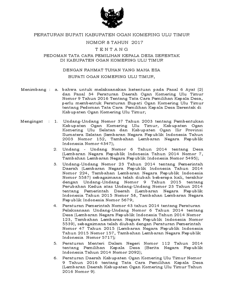 PERBUB 8 Tahun 2017 tentangPEDOMAN TATA CARA PILKADES SERENTAK PDF | PDF