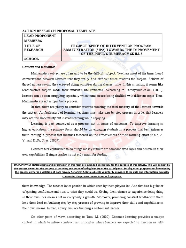 Action Research Proposal Sample | PDF | Learning | Teachers