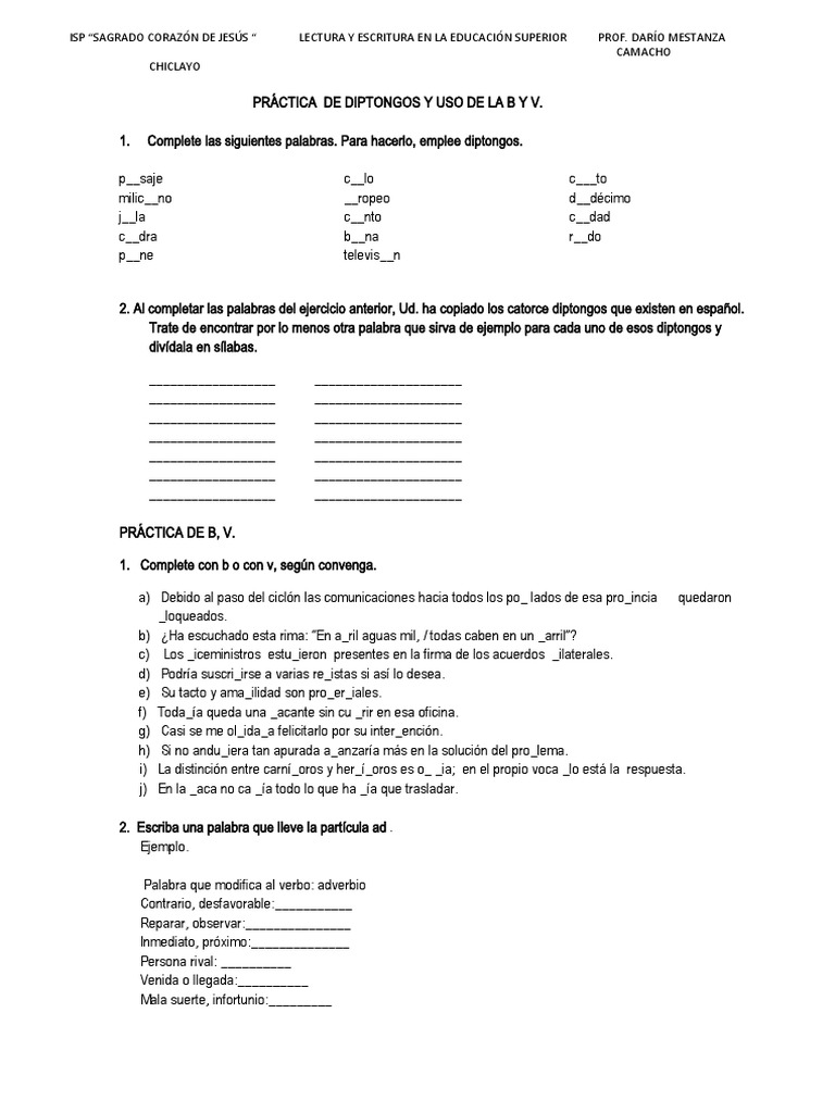 Práctica de Diptongos y Uso de B/V | PDF