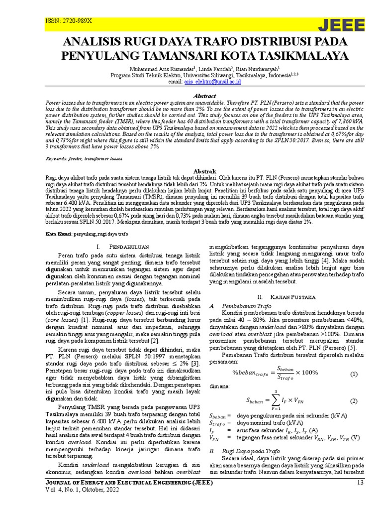 Analisis Rugi Daya Trafo Distribusi Pada Penyulang Tamansari Kota ...
