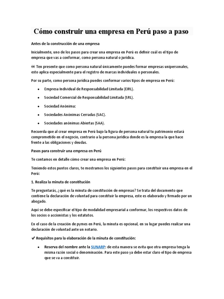 Cómo Construir Una Empresa en Perú Paso A Paso | Descargar gratis PDF | Business