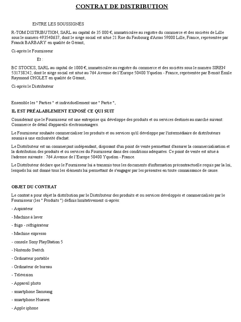 Contrat de Distribution d'Électroménagers et Électroniques | PDF ...
