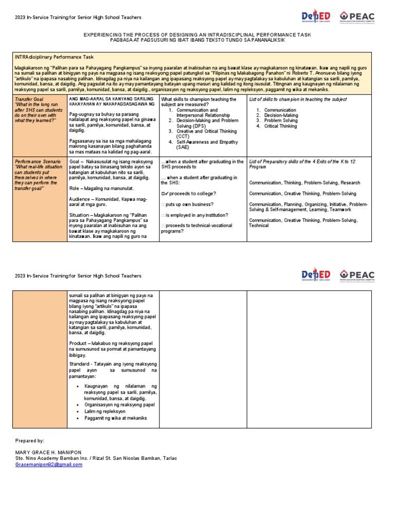 WORKSHOP 2 Experiencing The Process of Designing An Intradisciplinal ...