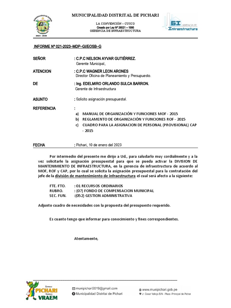 INFORME #021-2023 - GI - Solicito Asignacion de Presupuestal - Division ... INFORME #021-2023 - GI - Solicito Asignacion de Presupuestal - Division ...