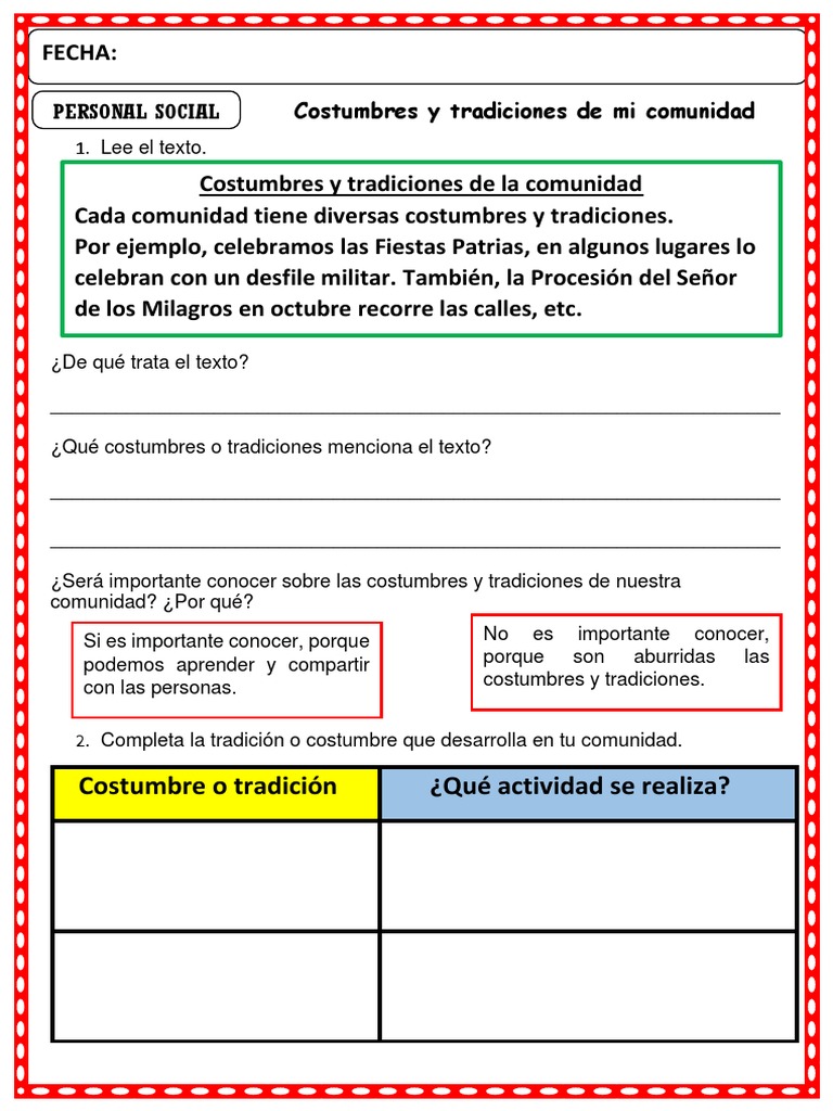 D1 A2 FICHA PS. Costumbres y Tradiciones de Mi Comunidad | PDF