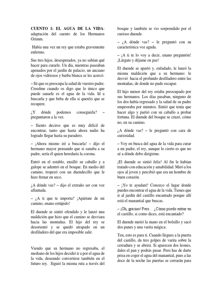 Cuento El Agua de La Vida - Comprensión Lectora | PDF