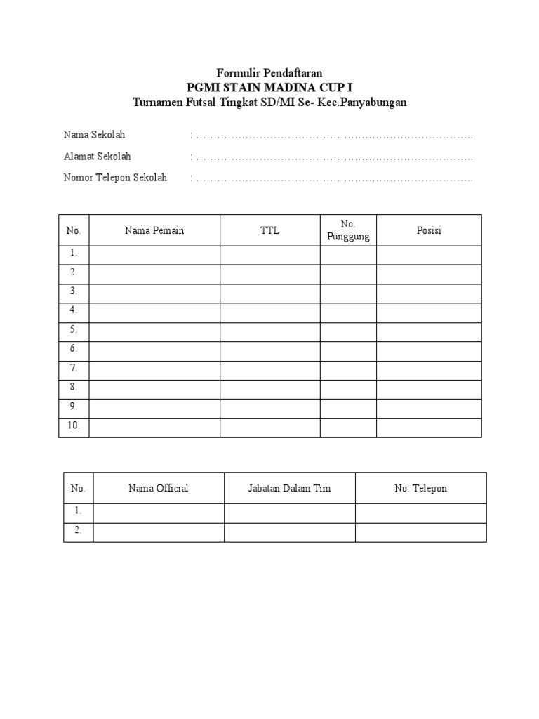 Form Pendaftaran Futsal | PDF