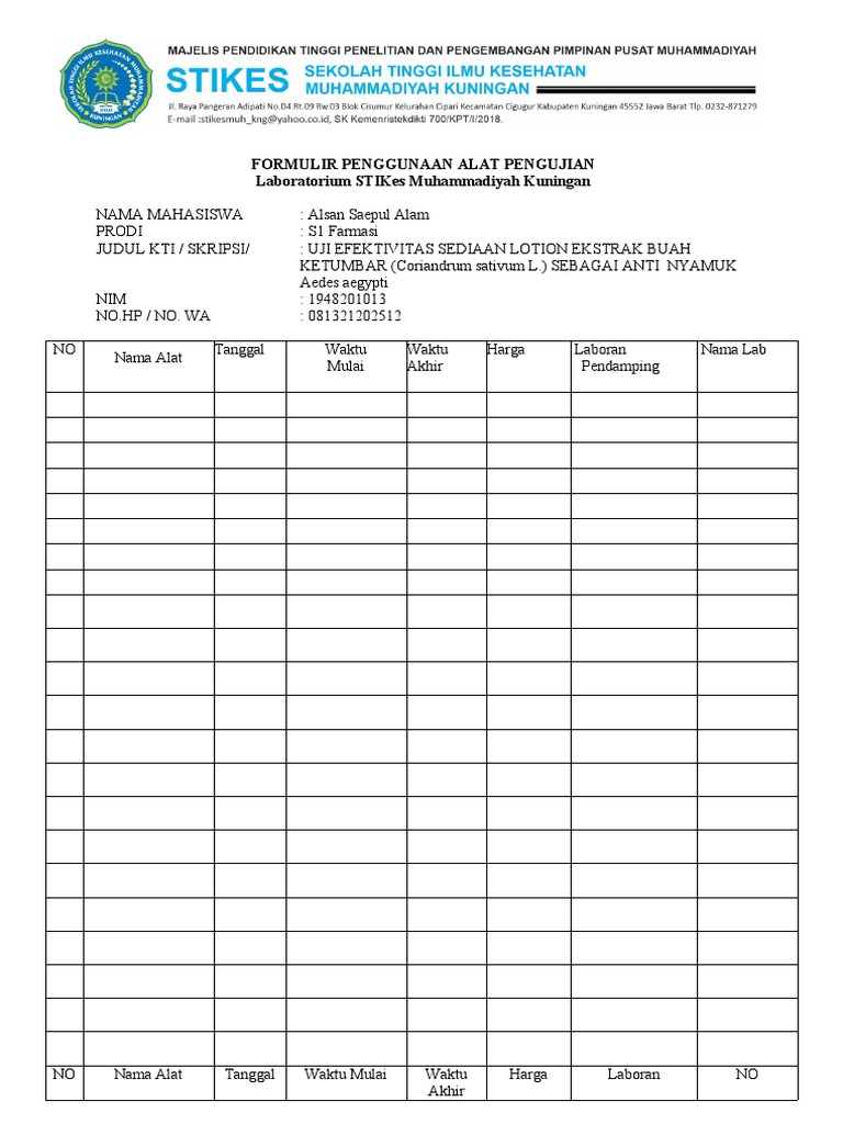 FORMULIR PENGGUNAAN ALAT PENGUJIAN | PDF