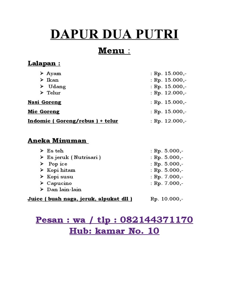Menu Dapur Dua Putri dan Harga | PDF