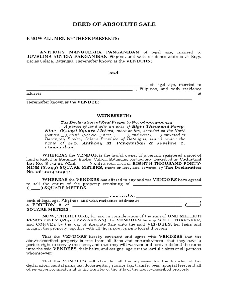 Deed of Absolute Sale - Draft | PDF | Deed | Land Lot