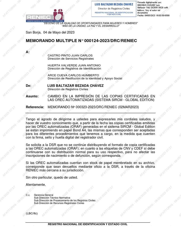 R3927.57778#MEMORANDO MULTIPLE-San Borja-000124-2023-DRC - RENIEC-2023-05-04-A | PDF