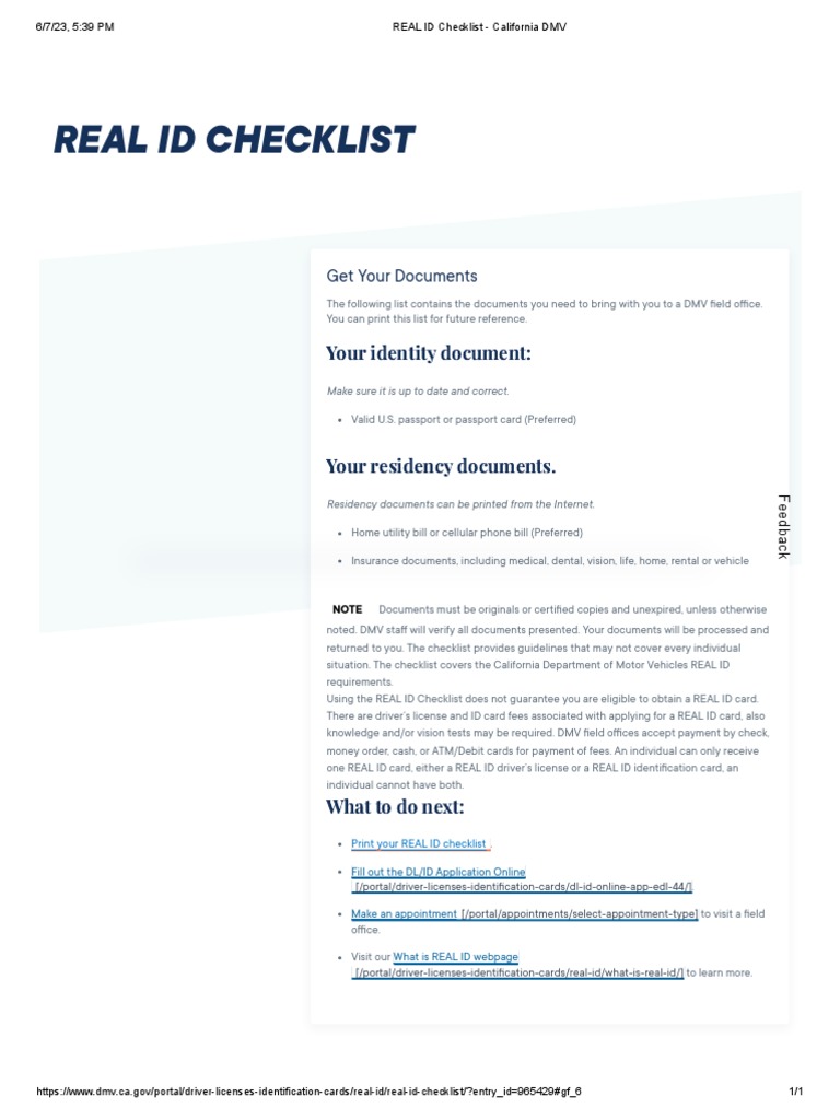 REAL ID Checklist - California DMV | PDF | Identity Document ... REAL ID Checklist - California DMV | PDF | Identity Document ...
