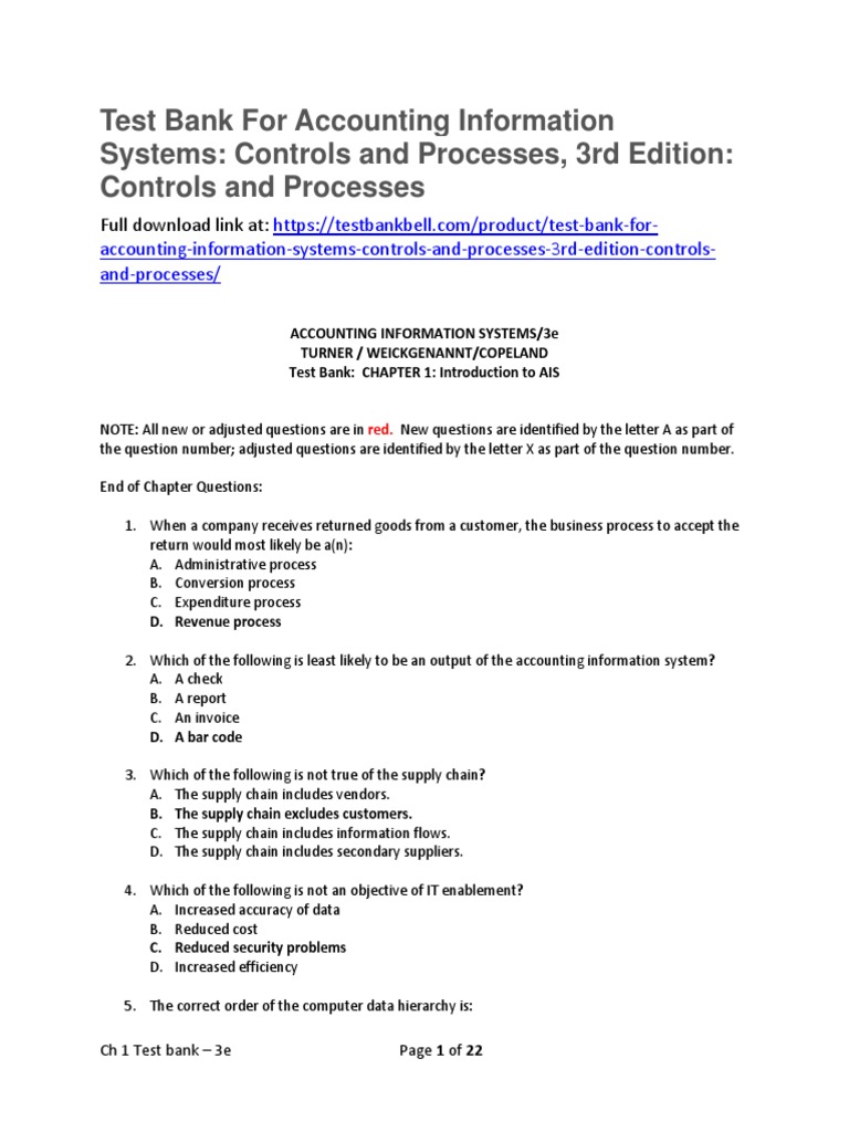Test Bank For Accounting Information Systems Controls and Processes 3rd ... Test Bank For Accounting Information Systems Controls and Processes 3rd ...