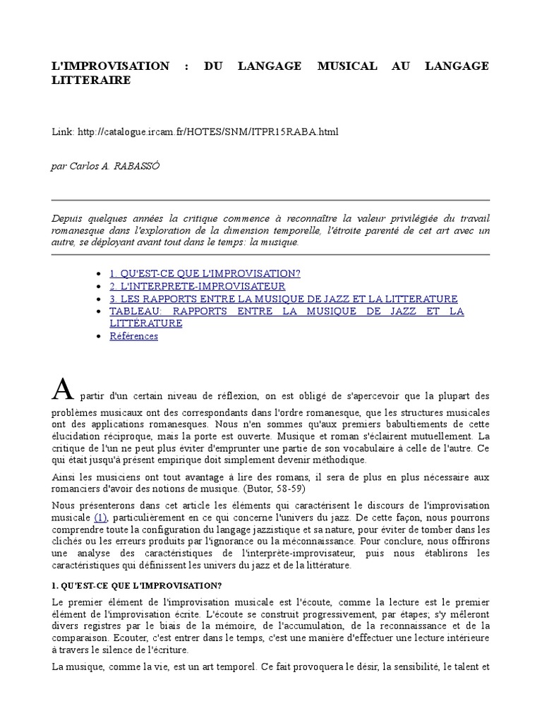 Improvisation : Musique et Littérature | PDF | Compositeurs | la perception