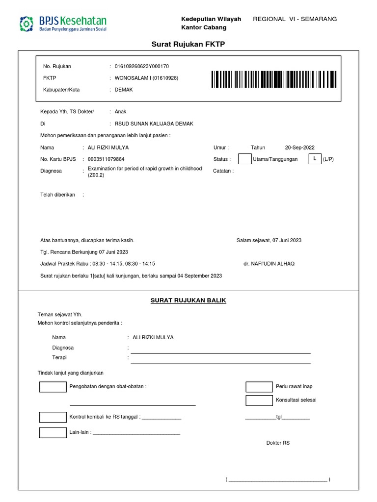 Surat Rujukan FKTP: Kedeputian Wilayah Kantor Cabang | PDF