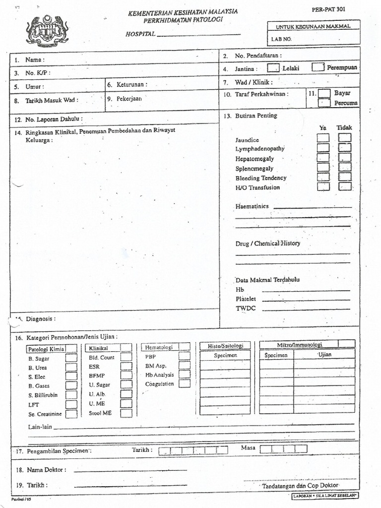 Borang Permohonanan Ujian Per Pat 301 (Hosp Taiping) | PDF