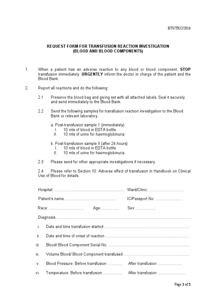 Appendix 18 Request From For Transfusion Reaction Investigation | PDF ...