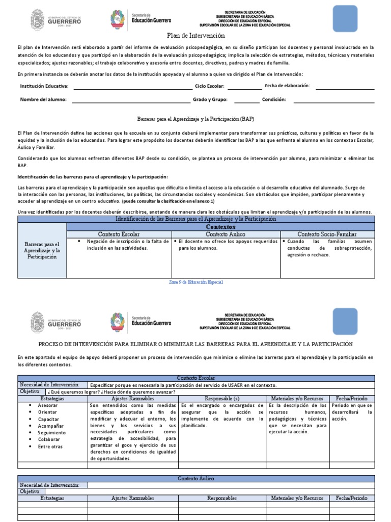 Plan de Intervención - Explicado | PDF | Evaluación | Educación especial