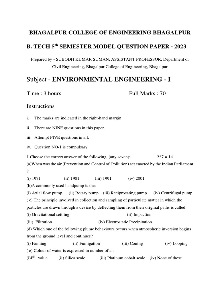 MODEL QUESTION PAPER OF B.TECH 5th SEM - Environmental Engg - I, B.C.E. BHAGALPUR Prepared by ...