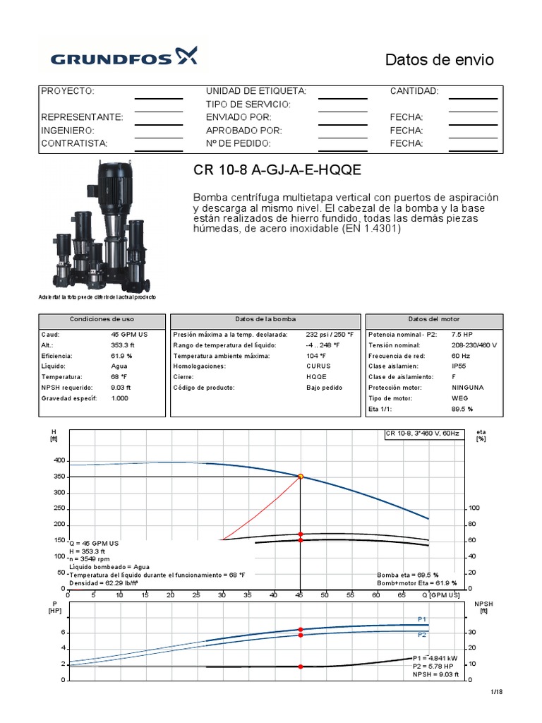 Bomba Grundfos CR - 108 - AGJAEHQQE | PDF | Acero | Bomba
