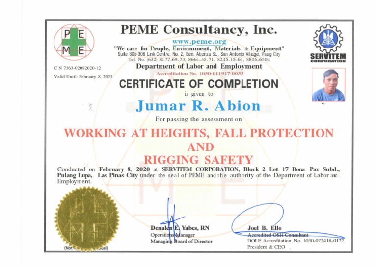 PEME Certificate of Completion for Safety | PDF