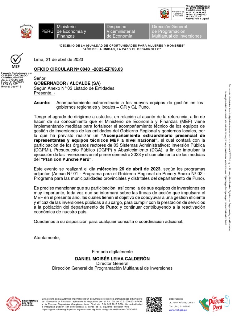 Oficio Circular N° 0040 2023 Acompañamiento extraordinario Puno RR | PDF | Perú | Presupuesto
