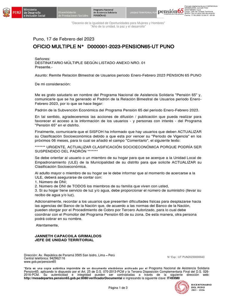OFICIO MULTIPLE-000001-2023-UT PUNO (1) | PDF