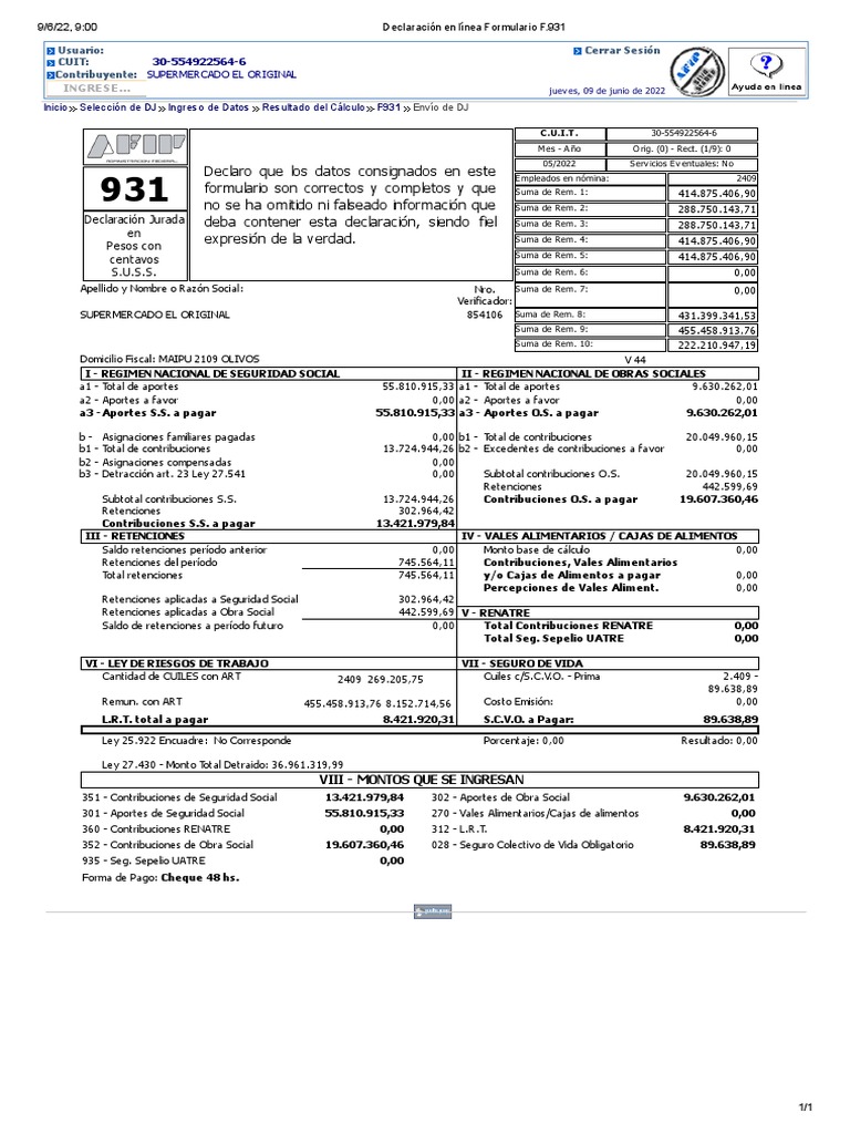Formulario F.931 - 05 2022 | PDF