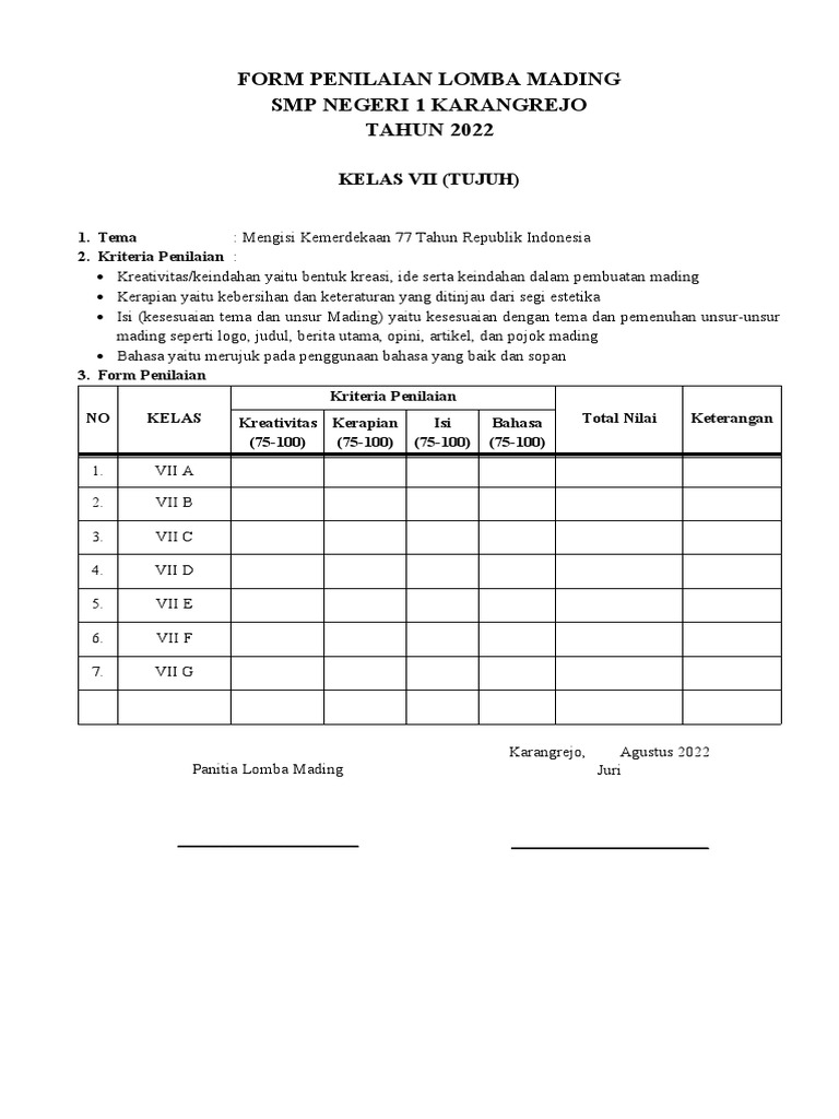 Penilaian Lomba Mading SMP 2022 | PDF