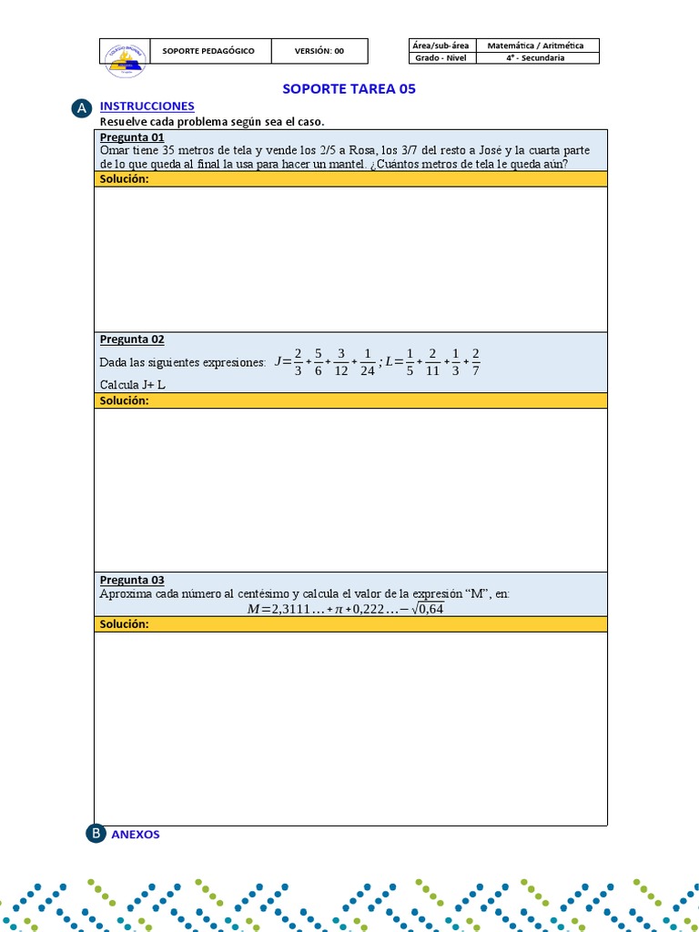 SP-CT5-Tarea-ARIT-4° Sec-BIM2-Números Reales | PDF