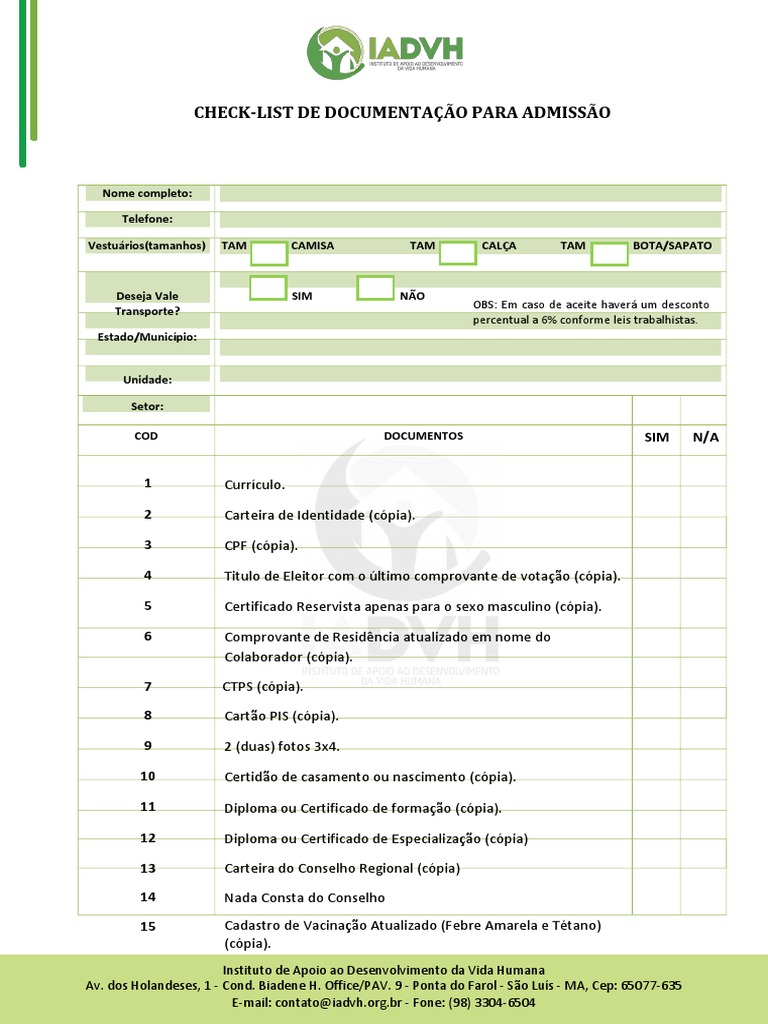 CHECK LIST ADMISSAO (1) | PDF